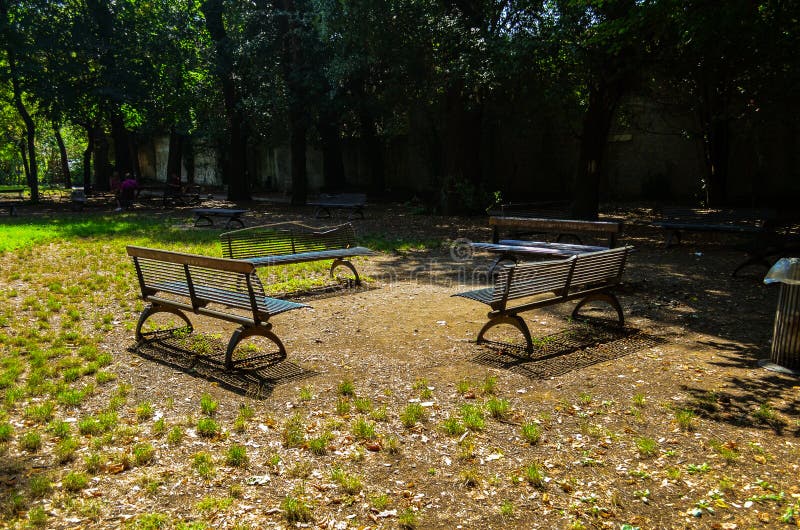 Recreation Area with Benches in the Park Stock Image - Image of comfort ...
