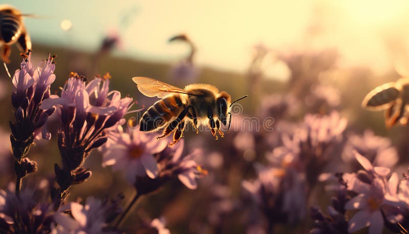 Recreation of Bee between Flowers at Sunset Stock Illustration ...