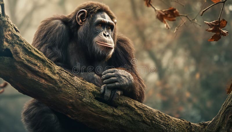 Recreation of a Bipedal Hominid Leaning in a Tree Stock Illustration ...