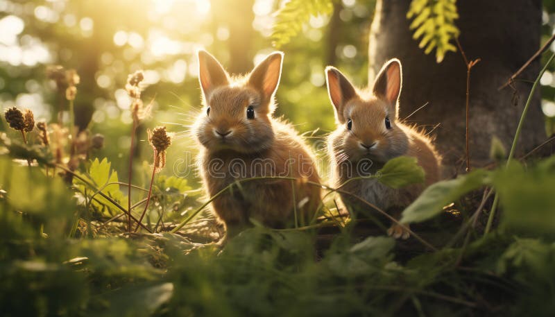Recreation of Two Cute Rabbits in the Forest Stock Illustration ...