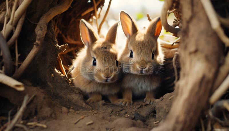 Recreation of Two Cute Rabbits Baby Staring Stock Photo - Image of nest ...