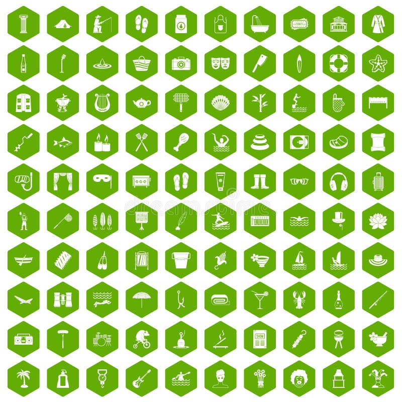 100 Recreation Icons Hexagon Green Stock Vector - Illustration of ...