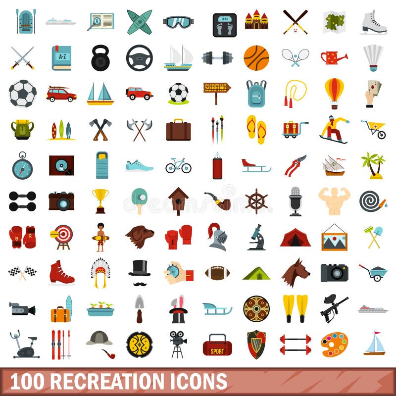 100 Recreation Icons Set, Flat Style Stock Vector - Illustration of ...