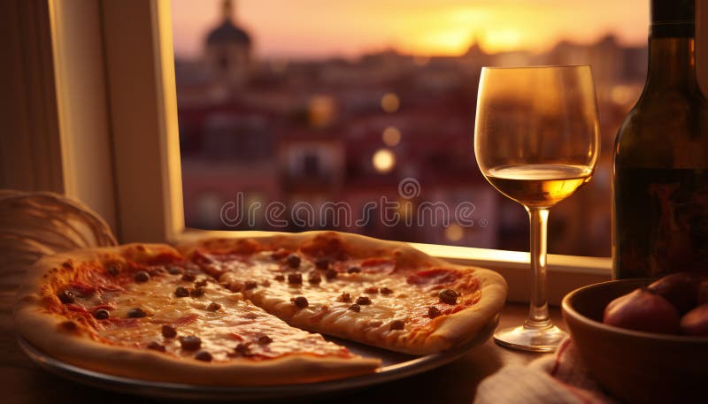 Recreation of a Pizza and a Wine Cup at Sunset Together a Window Stock ...