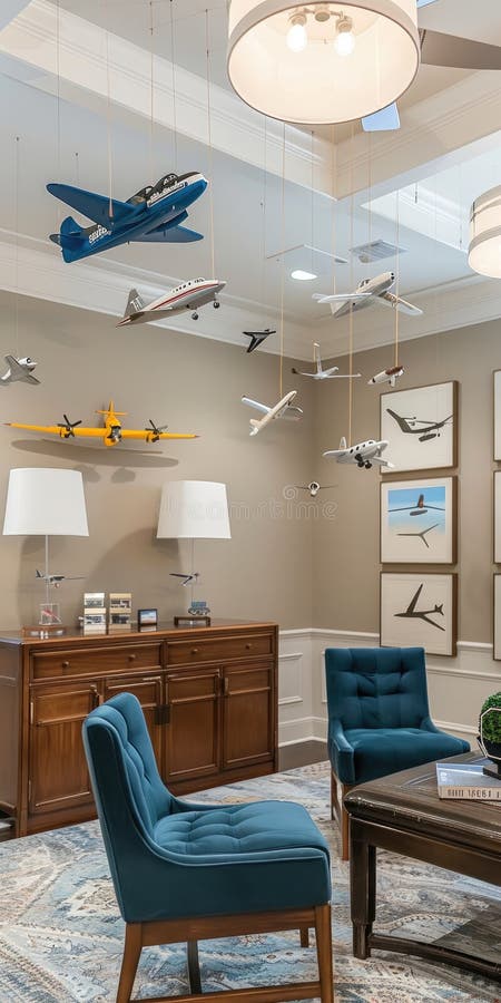 A Recreation Room with Model Planes Hanging from the Ceiling Stock ...