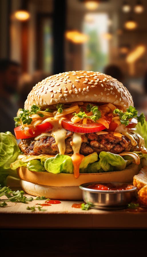 Vertical Recreation of Burger with Cheese and Vegetables Stock ...
