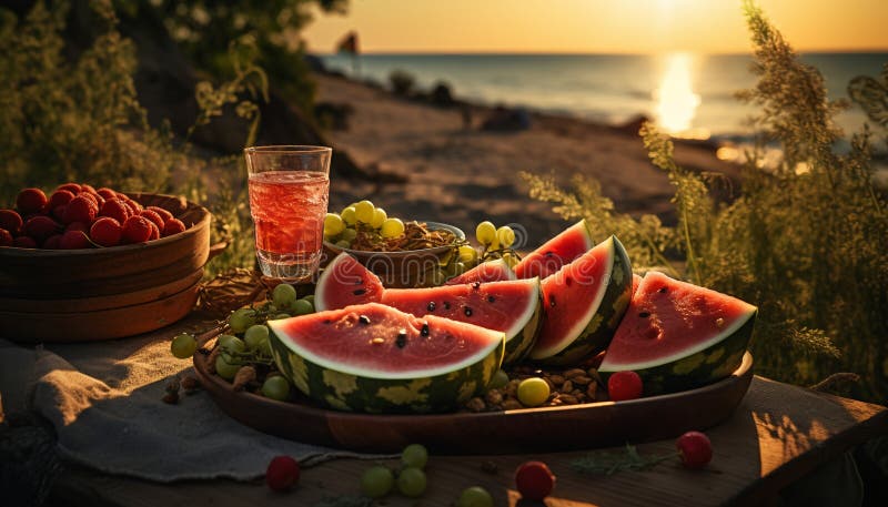 Recreation of Watermelon Together a Beach at Sunset Stock Illustration ...