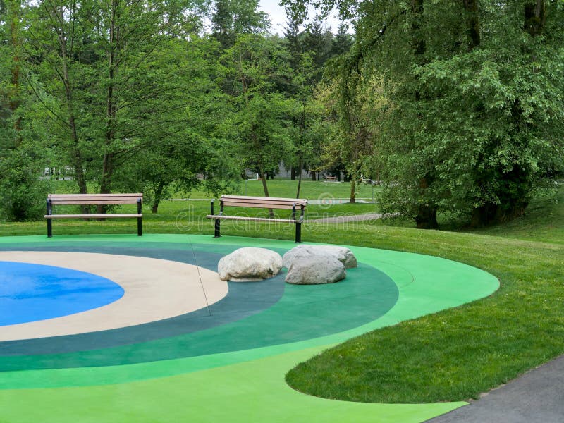 Recreational Area in a Park with Two Benches on Colored Ground Stock ...