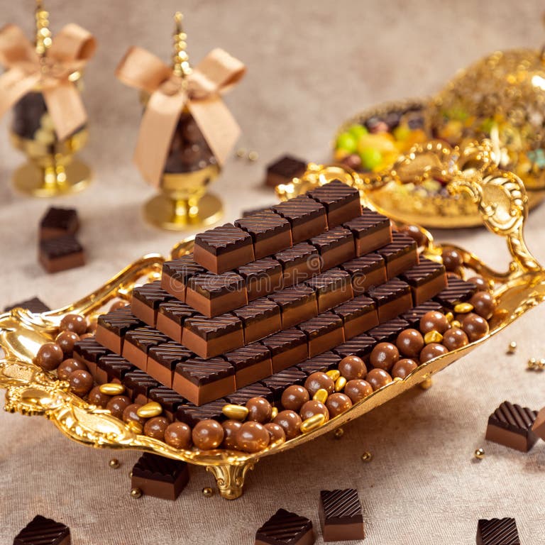 Rectangle Chocolate on Golden Tray Stock Photo - Image of cardboard ...