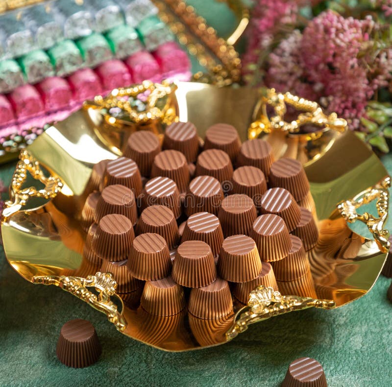 Rectangle Chocolate on Golden Tray Stock Photo - Image of ornate ...