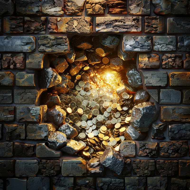 Rectangle Coins Spill from Hole in Brick Wall, Mixing Building ...