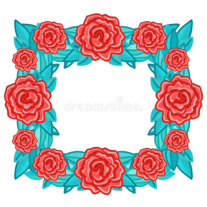 Rectangle Floral Retro Frame with Red Roses with Leaves Stock Vector ...