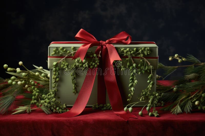 Rectangle Gift Box Adorned with Bunch of Mistletoe and Velvet Ribbon ...