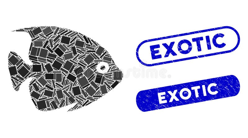 Rectangle Mosaic Tropical Fish with Grunge Exotic Seals Stock Vector ...