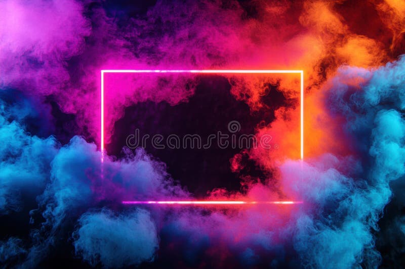 A Rectangle Neon Frame in Pink and Cyan, Floating Over an Explosion of ...