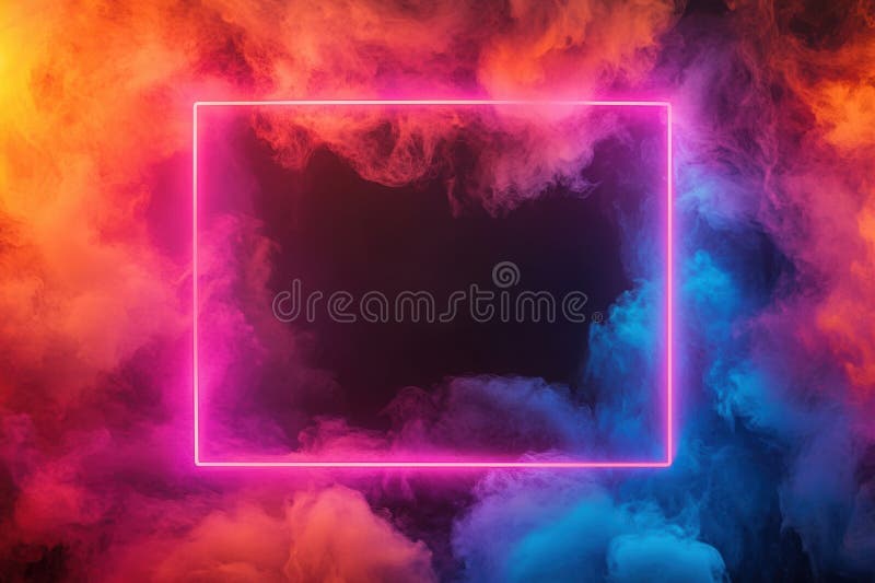 A Rectangle Neon Frame in Pink and Cyan, Floating Over an Explosion of ...