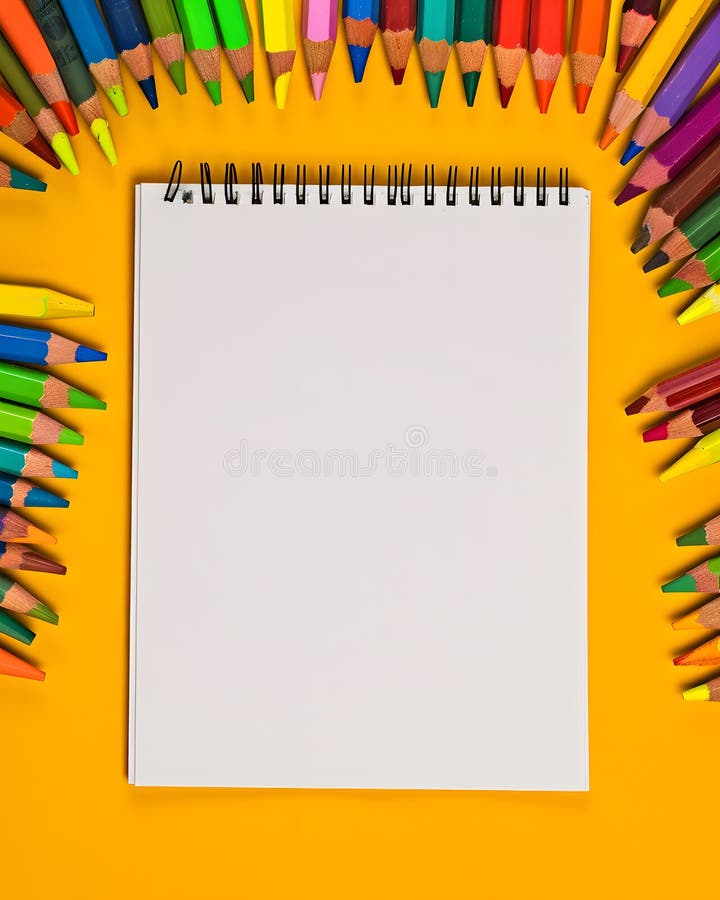 Rectangle Notebook Encircled by Colored Pencils on Yellow Background ...