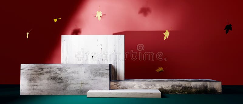 Rectangle Stage Podium with Autumn Leaves - 3D Stock Illustration ...