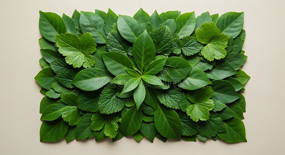 A Rectangular Arrangement of Various Green Leaves Spread Evenly on a ...