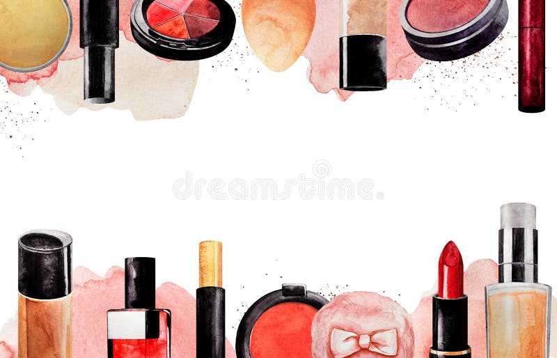 Rectangular Banner of Makeup. White Background. Watercolor. Beige ...