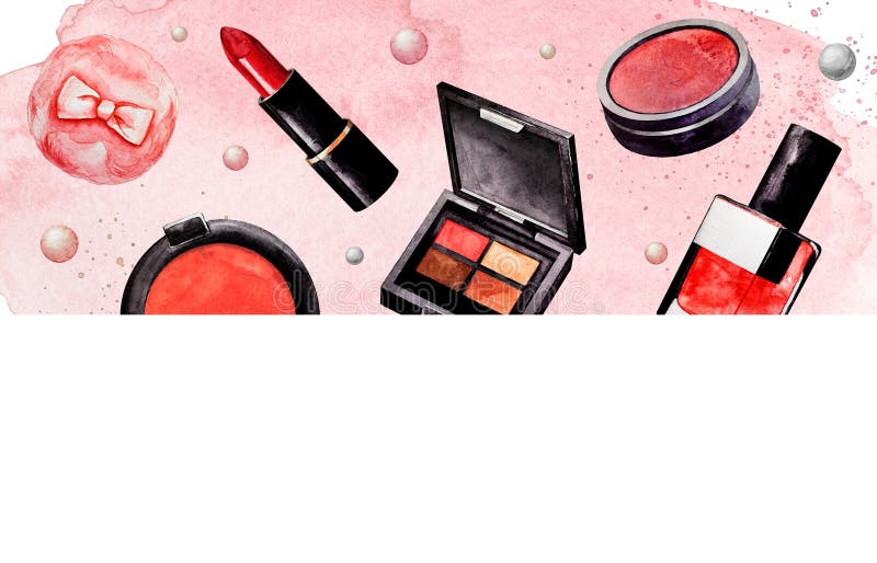 Rectangular Banner of Makeup. White Background. Watercolor. Red Orange ...