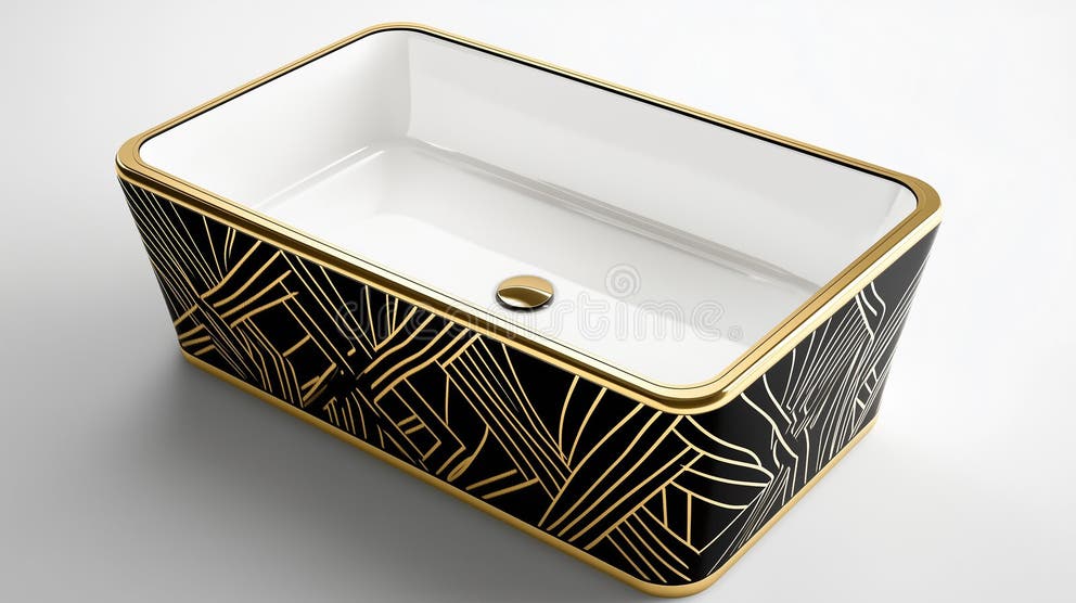Rectangular Bathroom Basin with Golden Lines and White Interior Stock ...