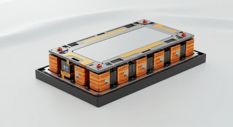 A Rectangular Battery Pack is Displayed on a Smooth White Surface. the ...