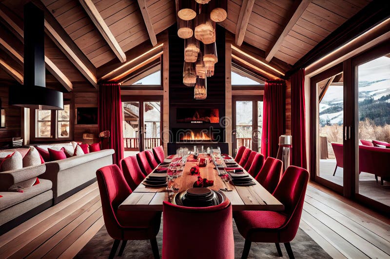 Rectangular Big Dining Table on Chalet with Chairs with Red Upholstery ...