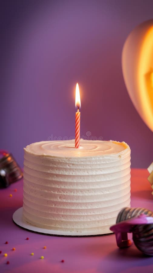 Rectangular Birthday Cake with Red and Purple Candles in Festive Scene ...