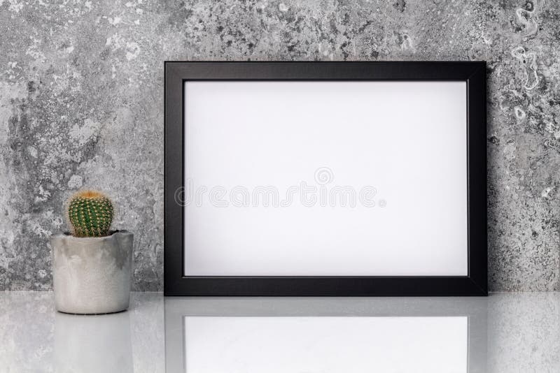 Rectangular Black Frame Poster with Succulent Plant in Concrete Pot on ...
