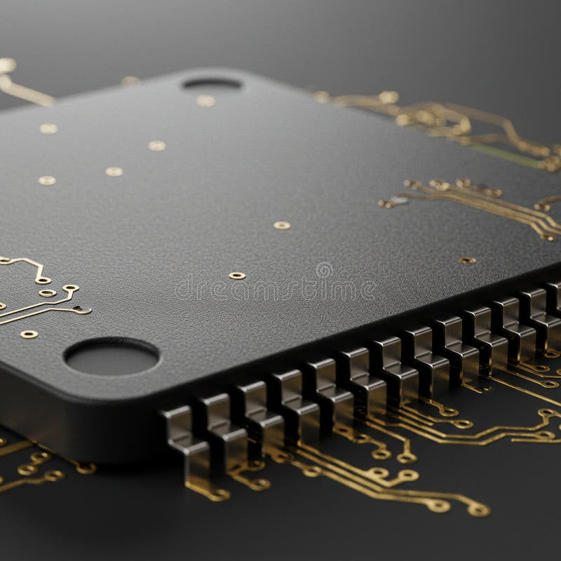 Rectangular Black Microchip with Gold Circuit Traces and Metal ...