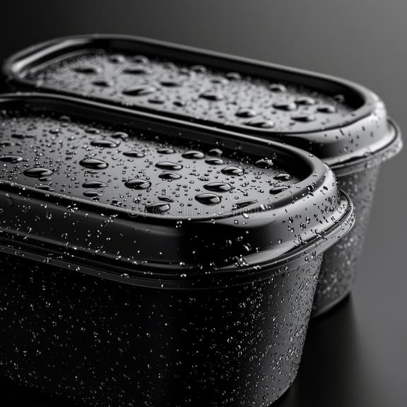 Rectangular Black Plastic Bins Stacked and Glistening with Water Drops ...