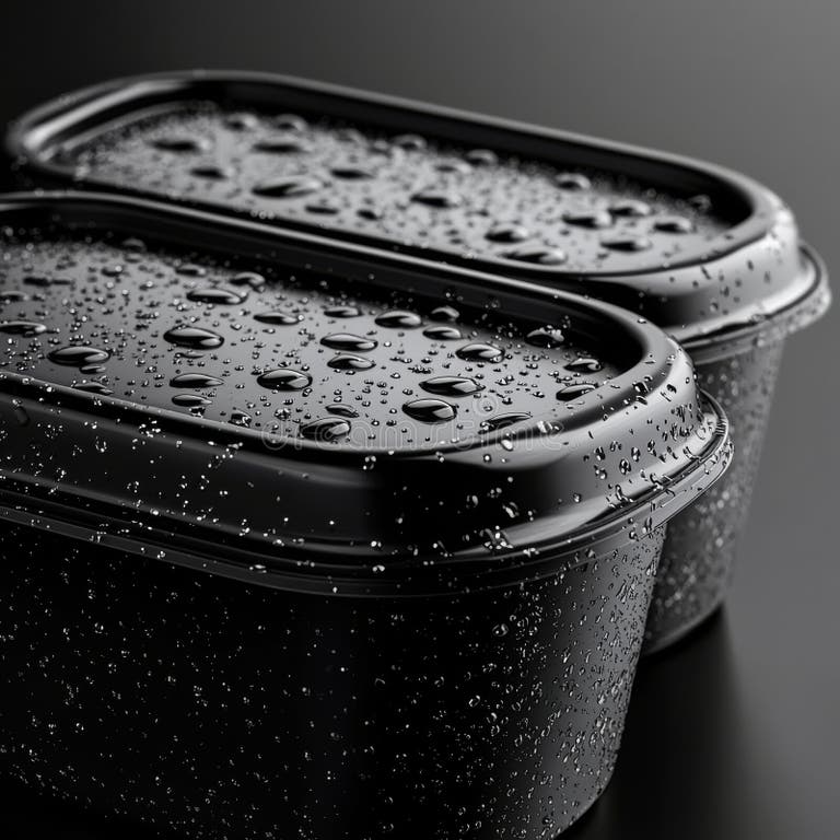 Rectangular Black Plastic Bins Stacked and Glistening with Water Drops ...
