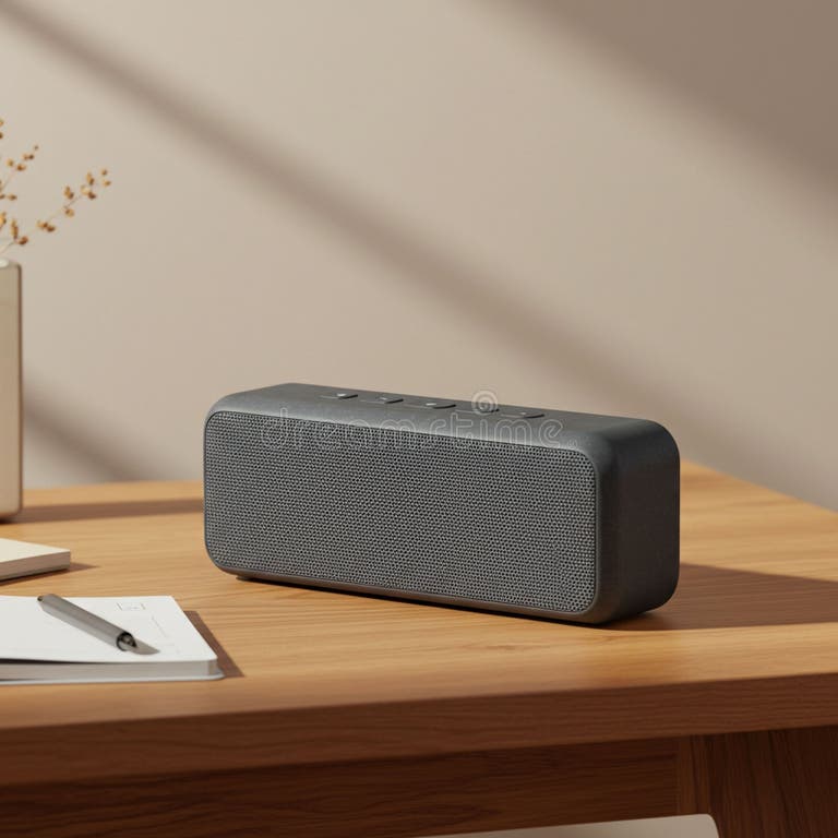 A Rectangular, Black Portable Speaker with a Mesh Front Sits on a ...