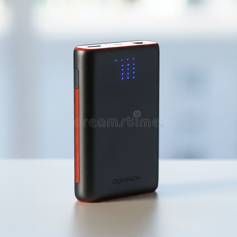 Rectangular Black Power Bank with Red Accents, Featuring an LED Display ...