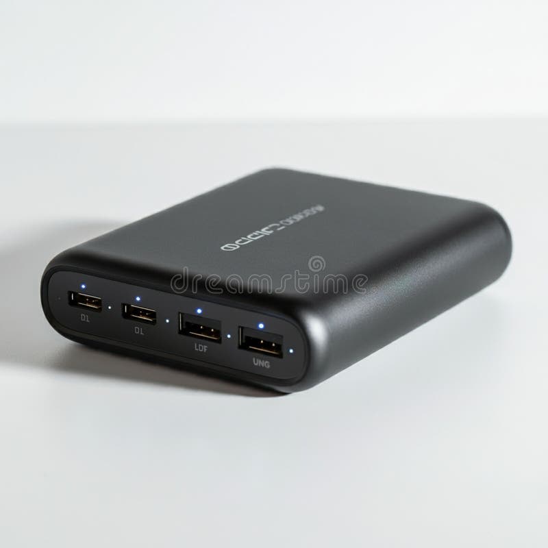 Rectangular Black Power Bank with Rounded Edges Featuring Four USB ...