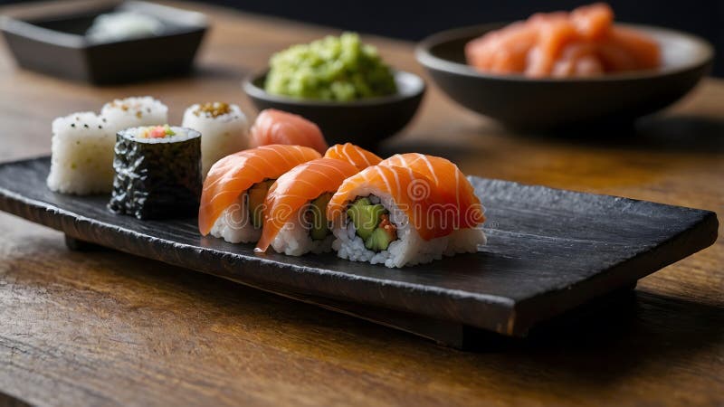 A Rectangular Black Slate Serving Tray Displays Assorted Sushi Pieces ...