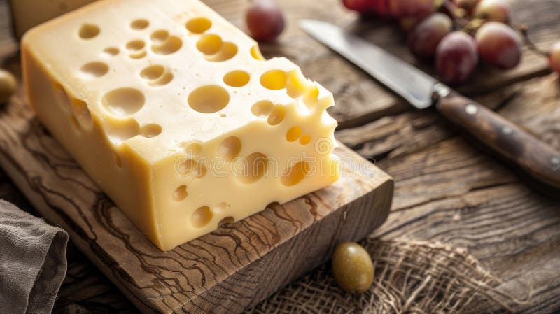 Rectangular Block of Swiss Cheese on Wooden Cutting Board with Grapes ...