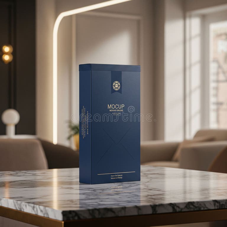 Rectangular Blue Box with the Label "Mockup" Stands on a Polished ...