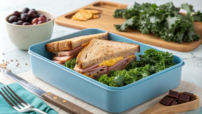 A Rectangular Blue Lunch Container Reveals a Classic Ham Sandwich with ...