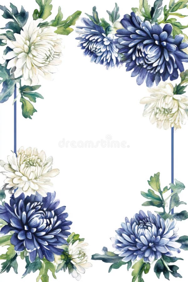 A Rectangular Border of Navy Blue Silver White Chrysanthemums with ...