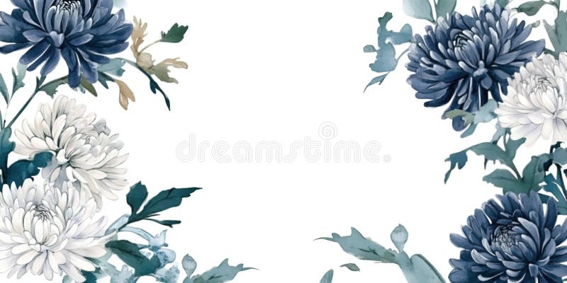 A Rectangular Border of Navy Blue Silver White Chrysanthemums with ...