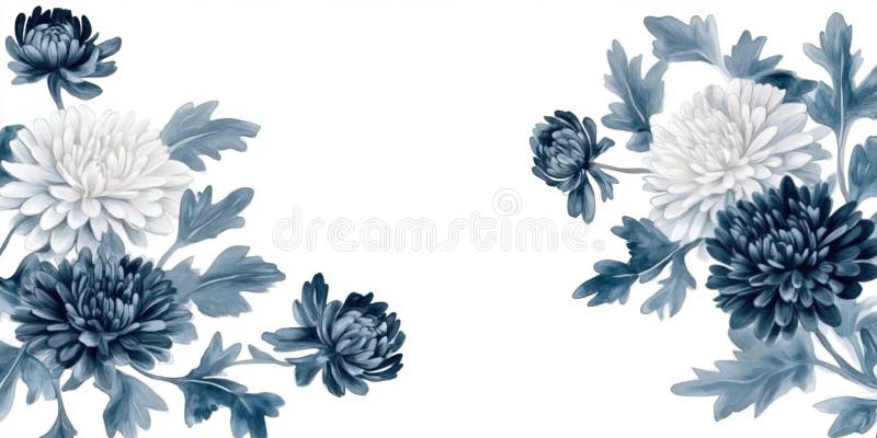 A Rectangular Border of Navy Blue Silver White Chrysanthemums with ...