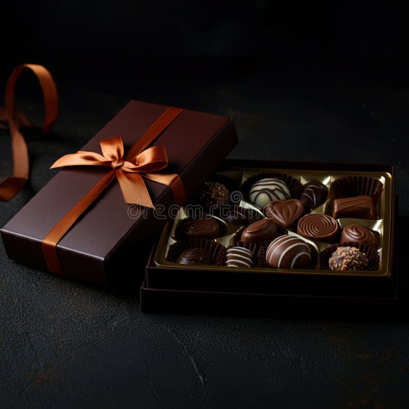 A Rectangular Box of Assorted Chocolates with a Glossy Brown Exterior ...