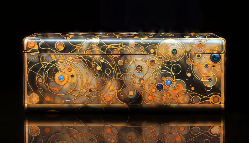 Rectangular Box with a Pattern of Gold Circles and Swirls on a Black ...