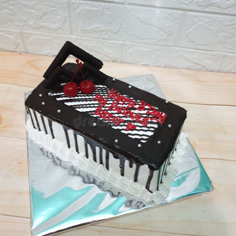 Rectangular Chocolate Cake Topped with Fresh Red Cherries Stock Photo ...