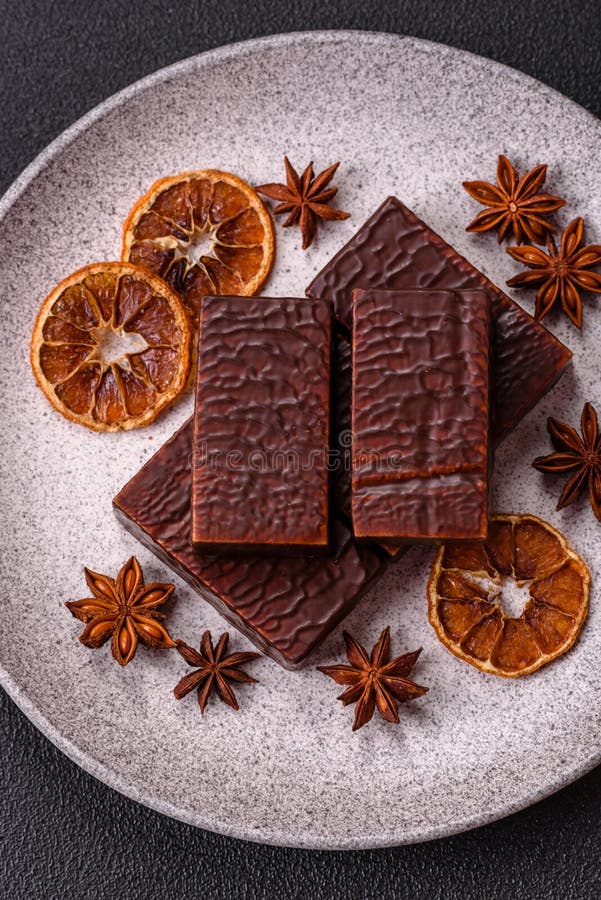 Rectangular Chocolate Candies with Mousse and Waffles Stock Photo ...