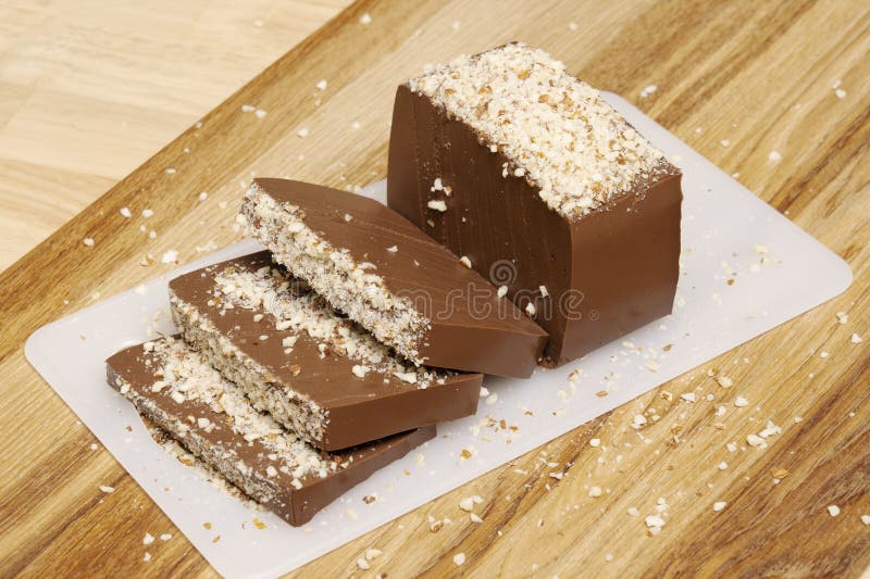 Rectangular Chocolate Pudding with Nut Crumbs Cut into Slices Stock ...