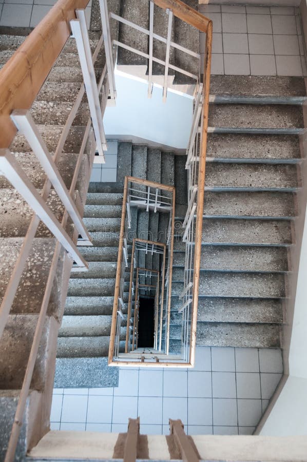 Rectangular Concrete and Steel Staircase with Wooden Rails, Top View ...