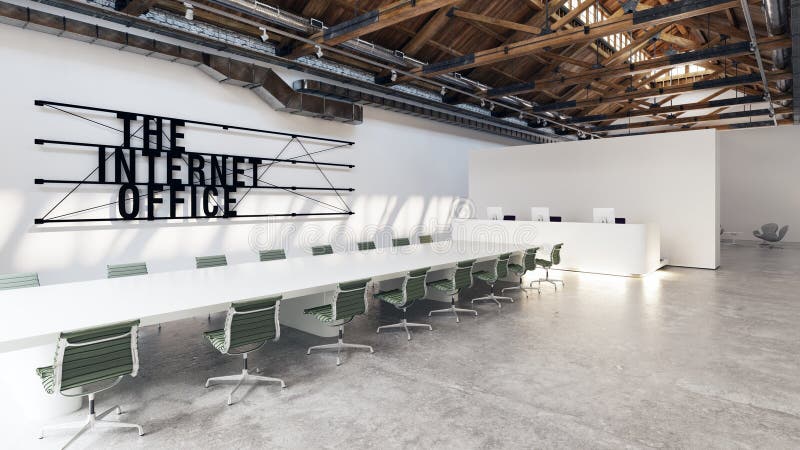 Rectangular Conference Hall with Wood Flooring and Internet Office Sign ...